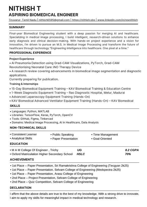 Nithish T - Biomedical Engineering Portfolio